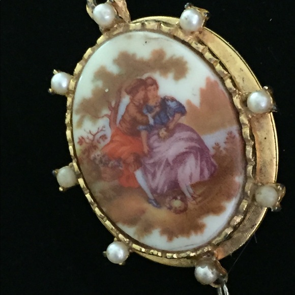 Vintage | Jewelry | Vtg Porcelain Colonial Couple Pearl Pendant Locket ...